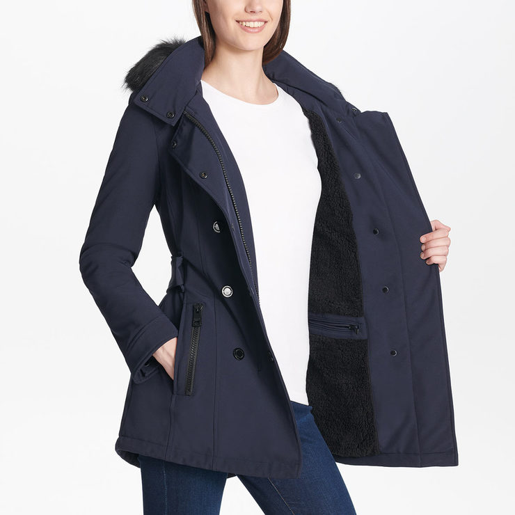 Andrew Marc Women's Softshell Jacket with Faux Fur Trim Hood in Navy ...