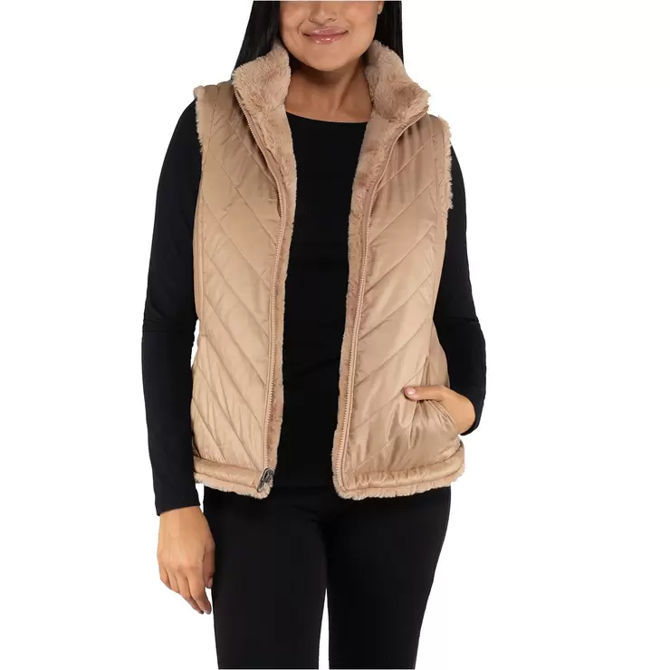 Nicole Miller Women's Faux Fur Reversible Vest in Camel, Extra Large ...