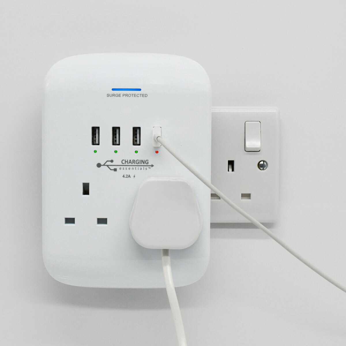 Charging Essentials Twin Socket Adaptor with 4 USB Chargers, Surge ...
