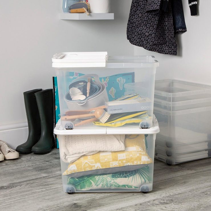 Wham Uni 44 Litre Clear Plastic Storage Box with Wheels & Folding Lid ...