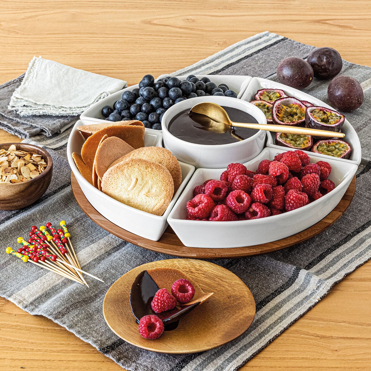 Over & Back Acacia Lazy Susan with 5 Porcelain Dishes | C...