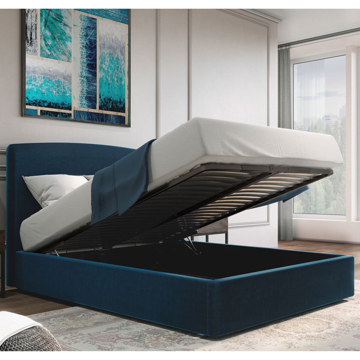 Jane Blue Velvet Ottoman Bed Frame, Super King | Costco UK