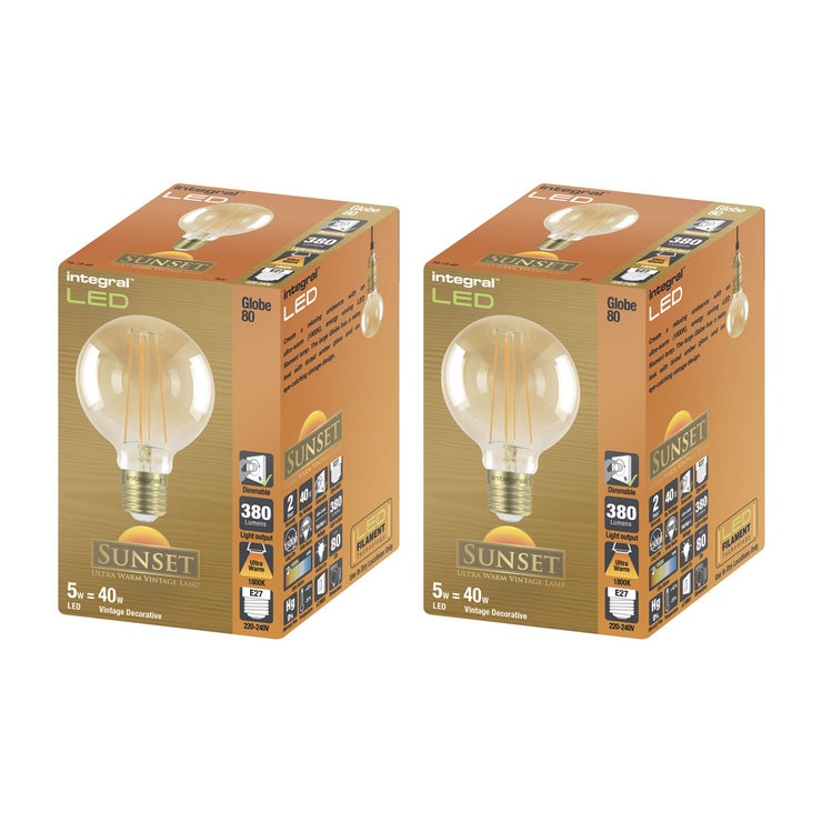 Integral LED G80 Vintage Sunset Globe 5W Dimmable Bulb (2 Pack) - E27 Screw Base | Costco UK