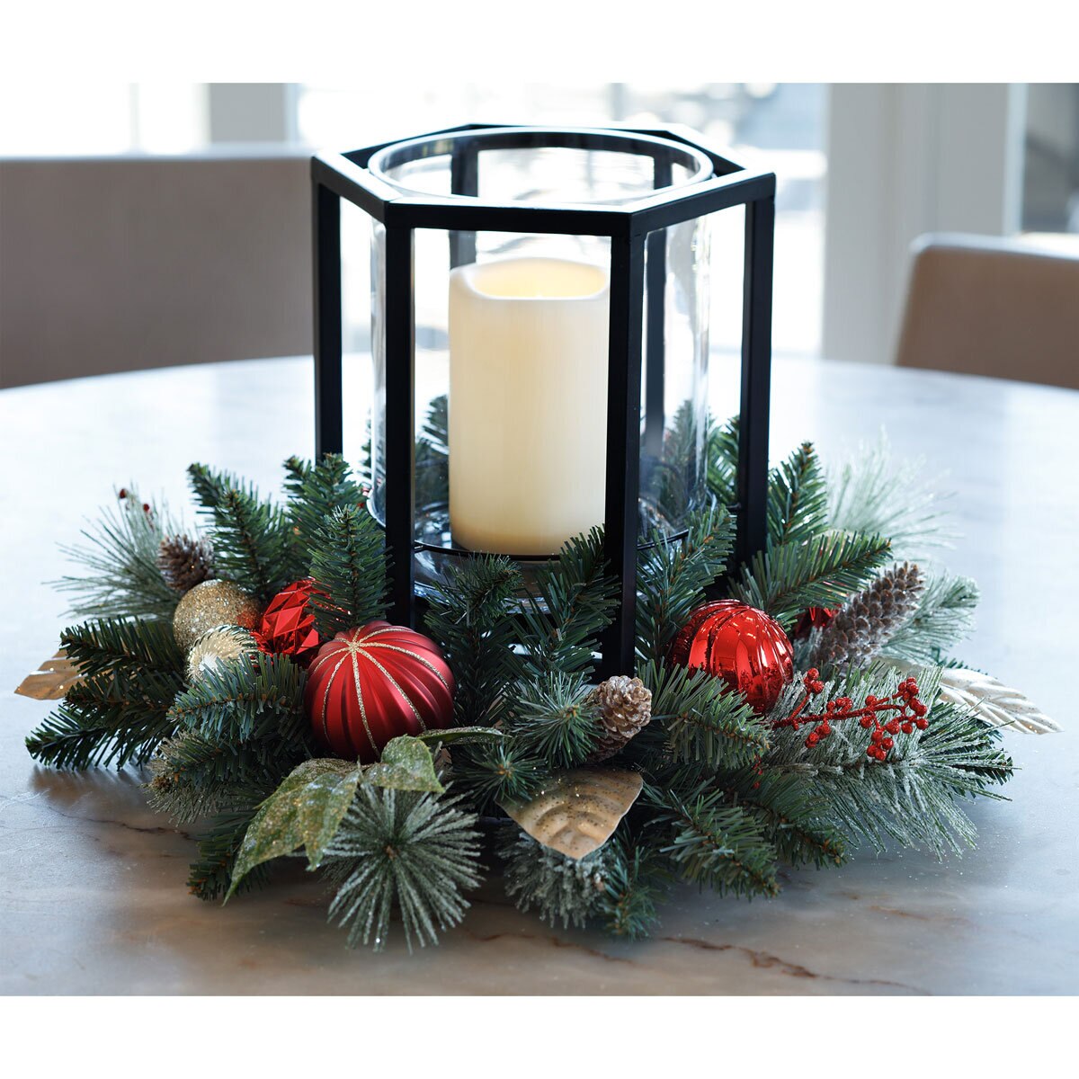 Holiday Pine Centrepiece with LED Candle and Red Baubles ...