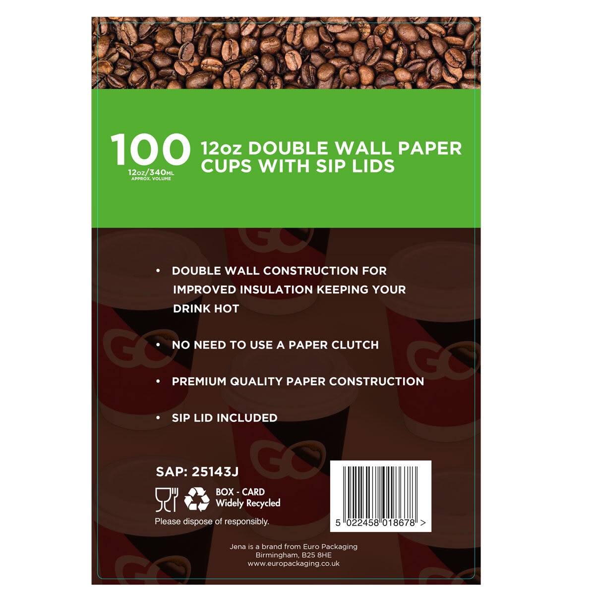 Jena 12oz Double Wall Paper Cup & Lids, Pack of 100 | Costco UK