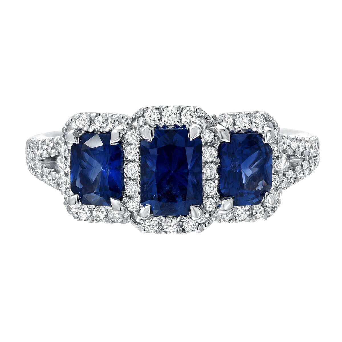 Radiant Cut Blue Sapphire and 0.29ctw Diamond Ring, 18ct White Gold ...