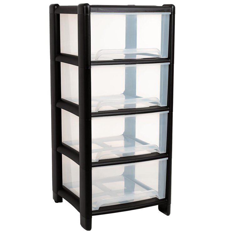 Wham Deep 4 Drawer Plastic Storage Tower in Black/Clear | Costco UK