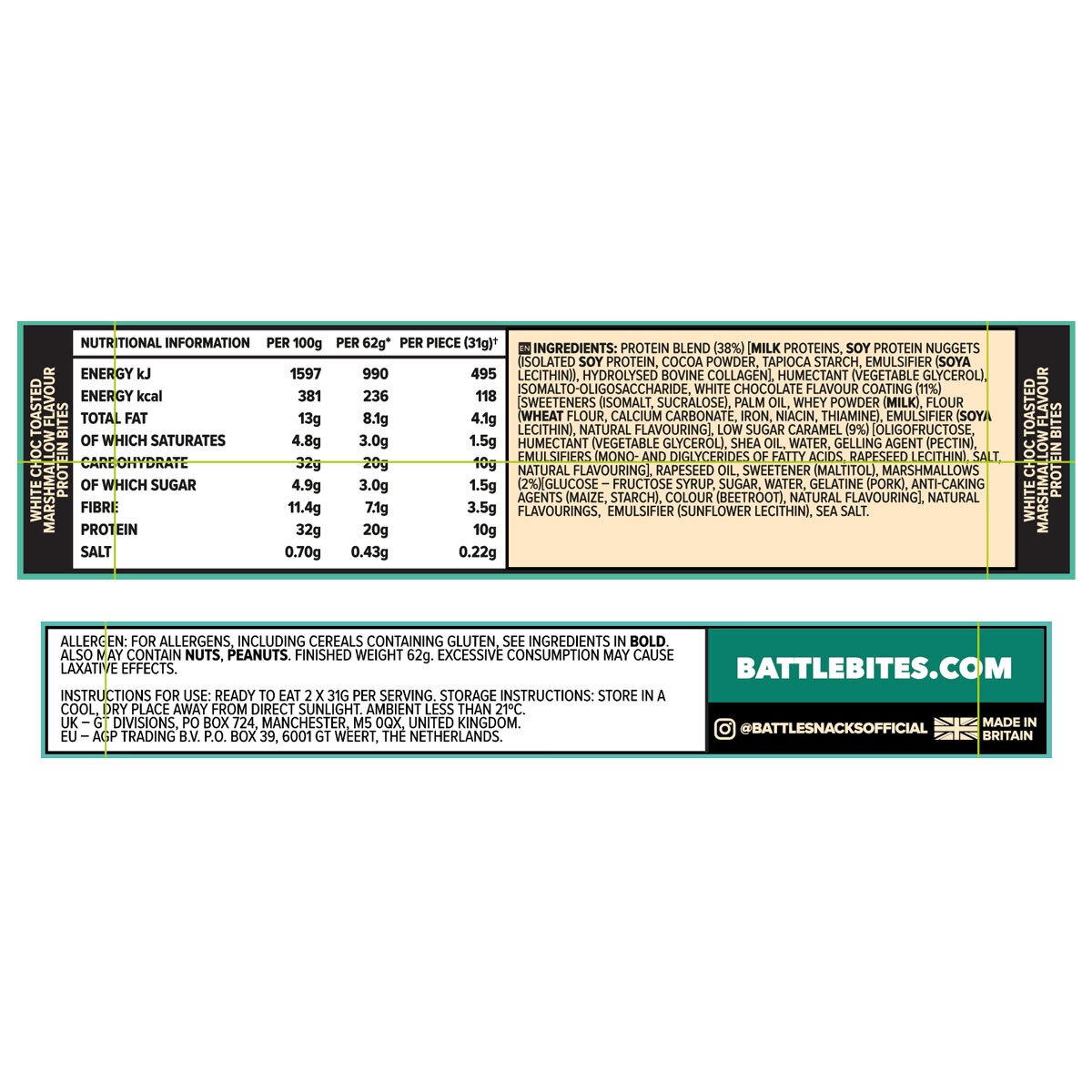 Battle Bites White Chocolate Toasted Marshmallow Protein Bar, 12 x 62g ...