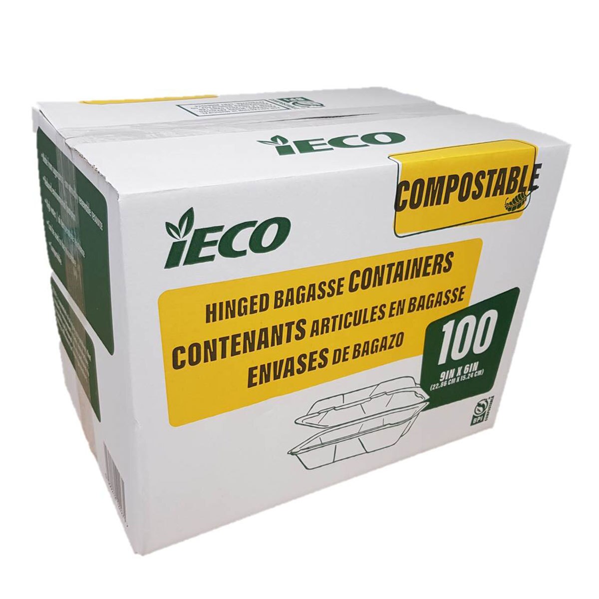 iECO Compostable Hinged Bagasse Container 9" x 6", Pack o...