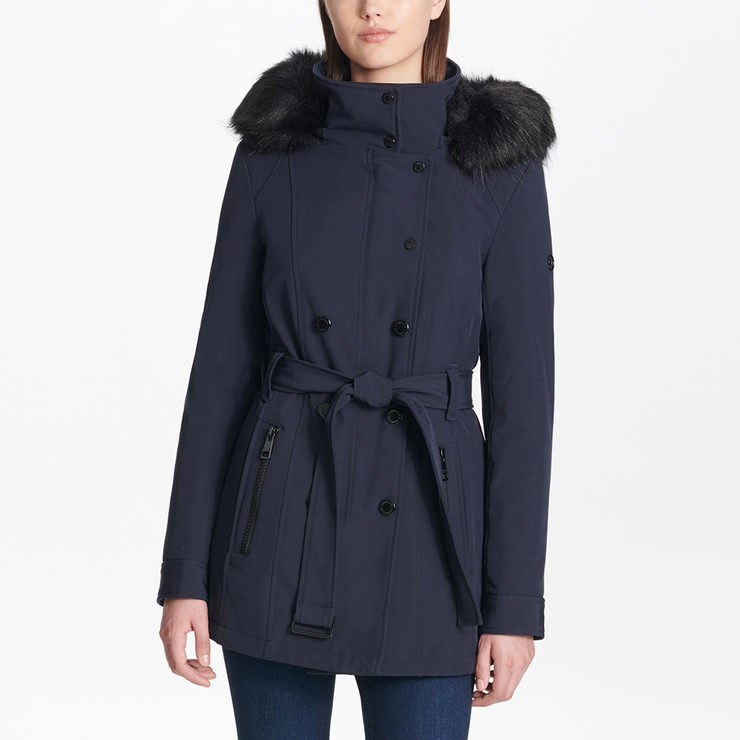Andrew Marc Women's Softshell Jacket with Faux Fur Trim Hood in Navy ...