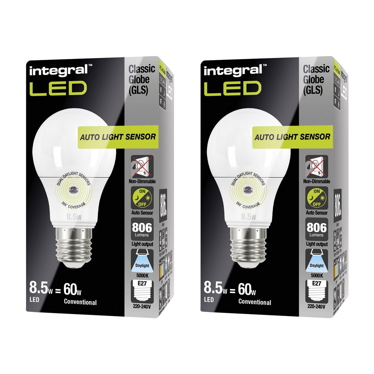 Integral LED 8.5W Auto-Sensor Classic Globe GLS Bulb (2 Pack) - E27 Screw Base | Costco UK