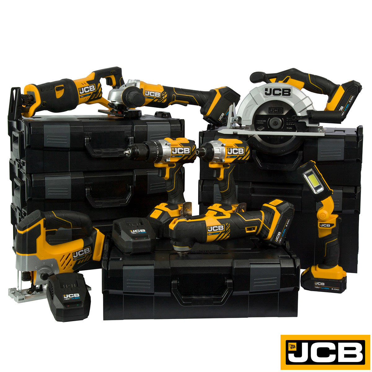 JCB Tools Professional 8 Piece 18V Power Tool Kit with 6 Lithium-ion ...
