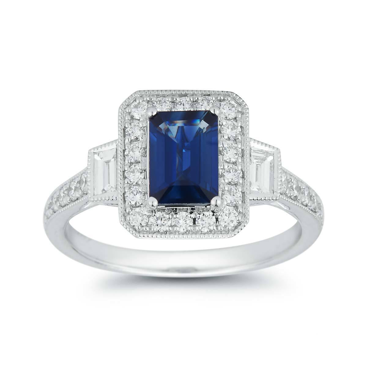 Emerald Cut Blue Sapphire and 0.58ctw Diamond Ring, 18ct White Gold ...