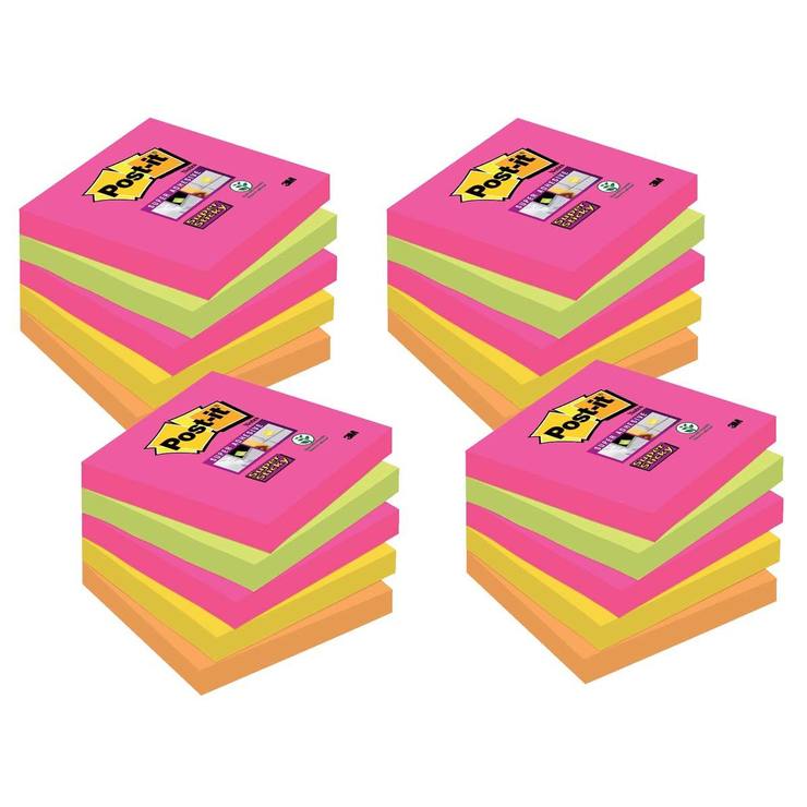 Post-it® Super Sticky Notes, (76 x 76mm) Neon Rainbow - 4 x 5 Pack ...