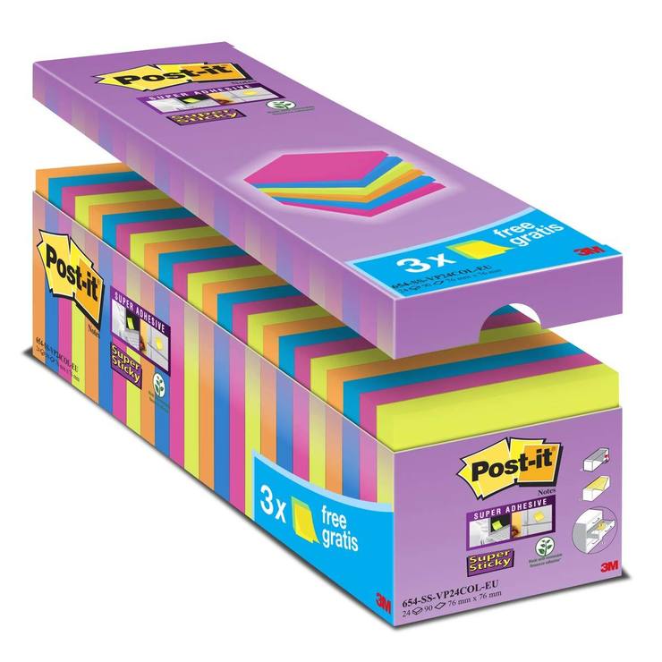 Post-It Super Sticky 76 x 76mm 24 Pack of Assorted Blank Notes | Costco UK