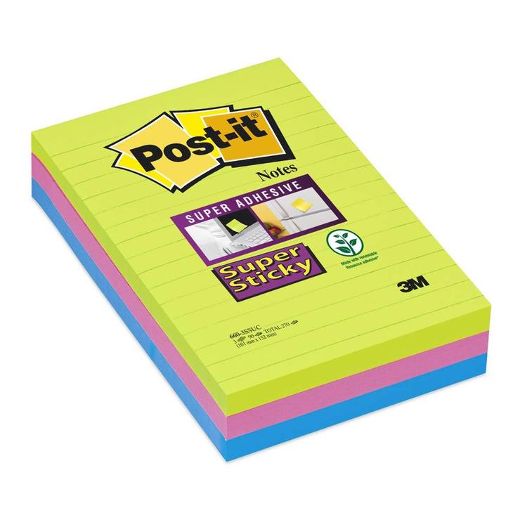 Post-it® Ruled Super Sticky Notes, (102 x 152mm) Assorted Jewel Pop ...