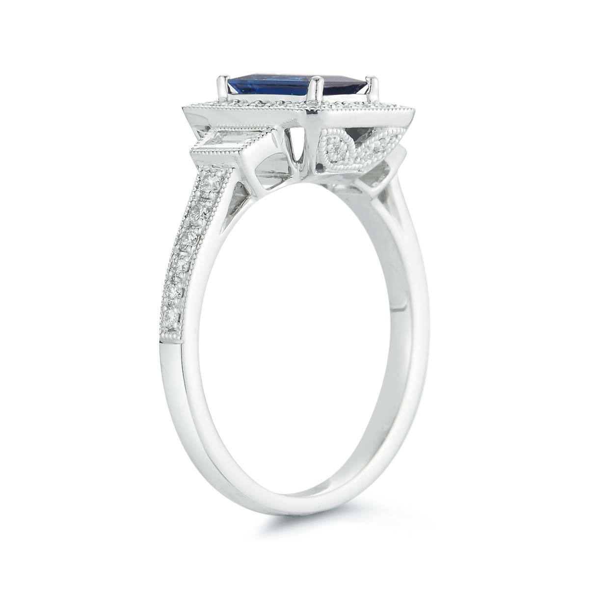 Emerald Cut Blue Sapphire and 0.58ctw Diamond Ring, 18ct White Gold ...